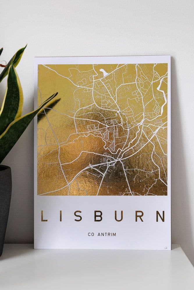 White Chalk Studio | Metallic Lisburn Map Print | Lisa Dodds Artist | Northern Ireland