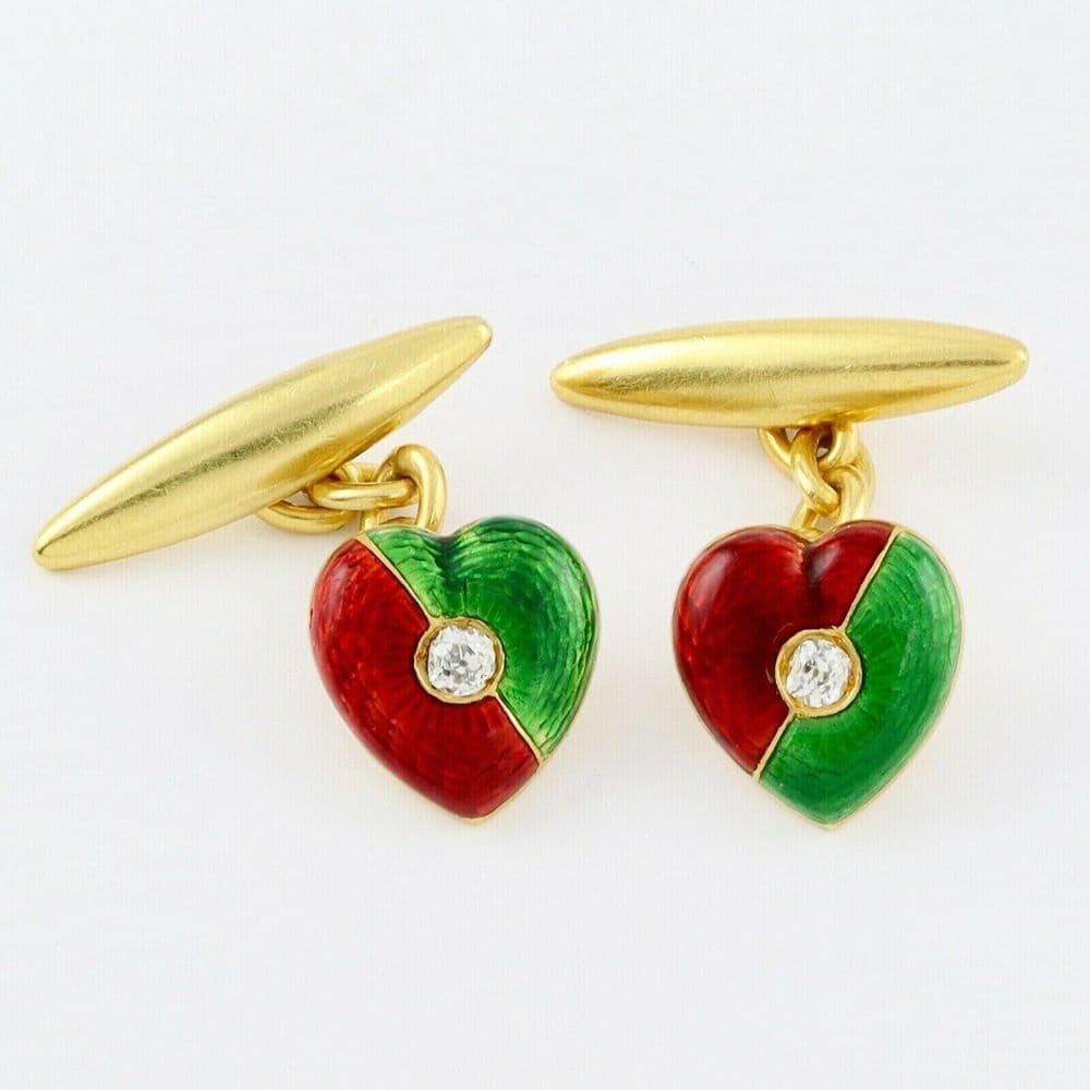 Antique 18Ct Gold & Diamond Heart Cufflinks With Red & Green Enamel