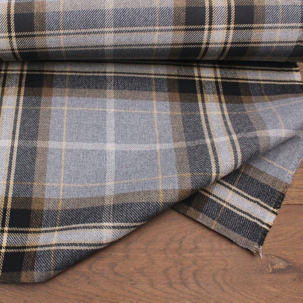 Fire Retardant Wool Like Tweed Check Upholstery Fabric - Grey Brown