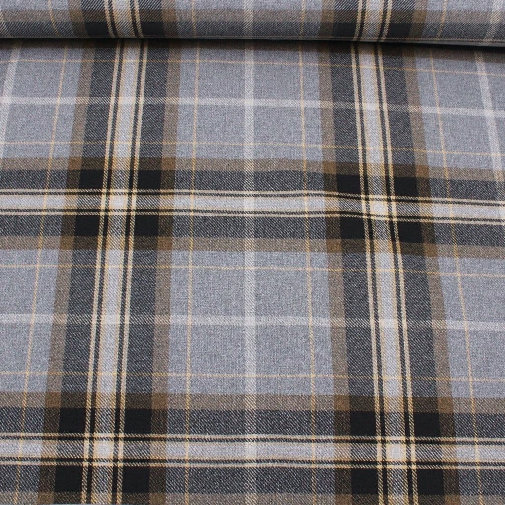 Fire Retardant Wool Like Tweed Check Upholstery Fabric - Grey Brown
