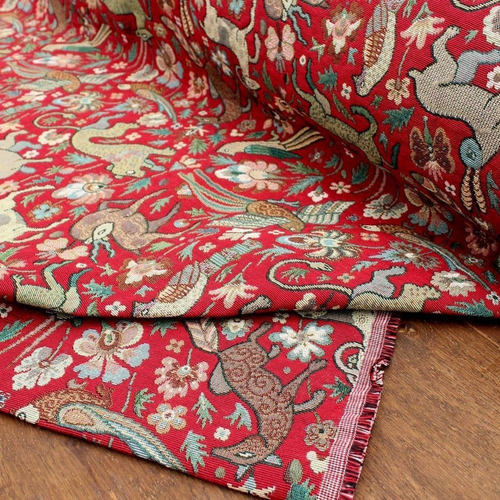 Jacquard Tapestry Fabric Renaissance Animals Red
