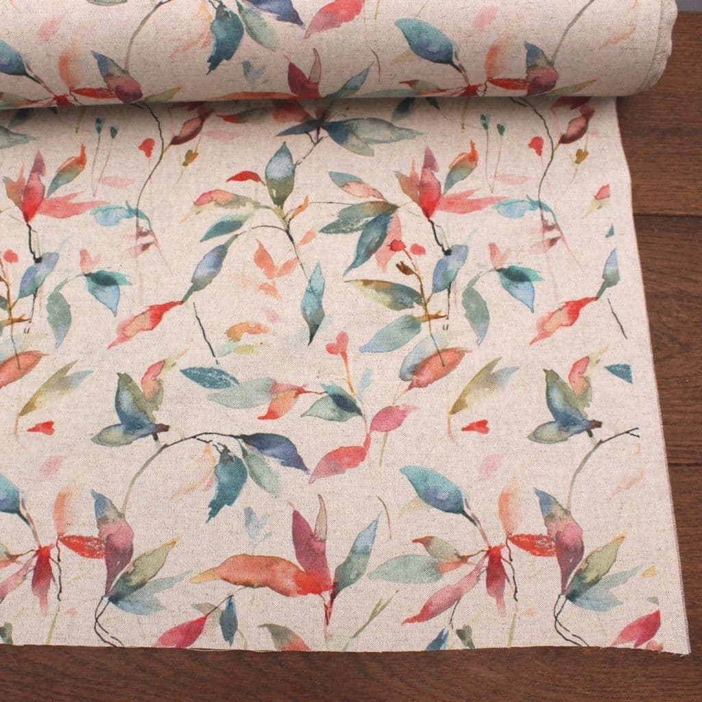 Organic Linen Fabric Watercolour Leaves - Autumn