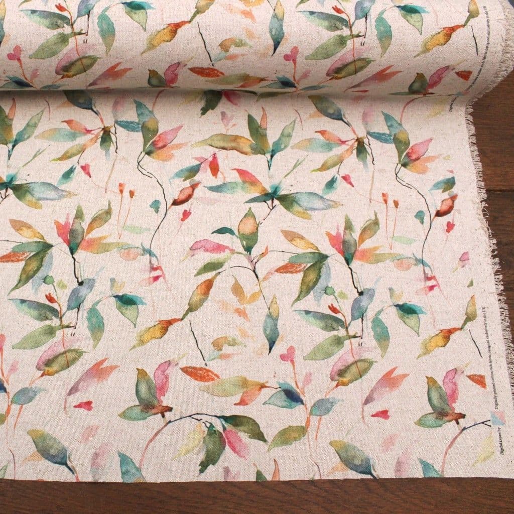 Organic Linen Fabric Watercolour Leaves - Lago