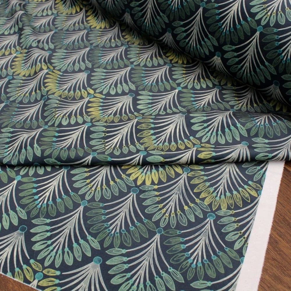 Velvet Fabric Art Deco Fans Petrol Blue