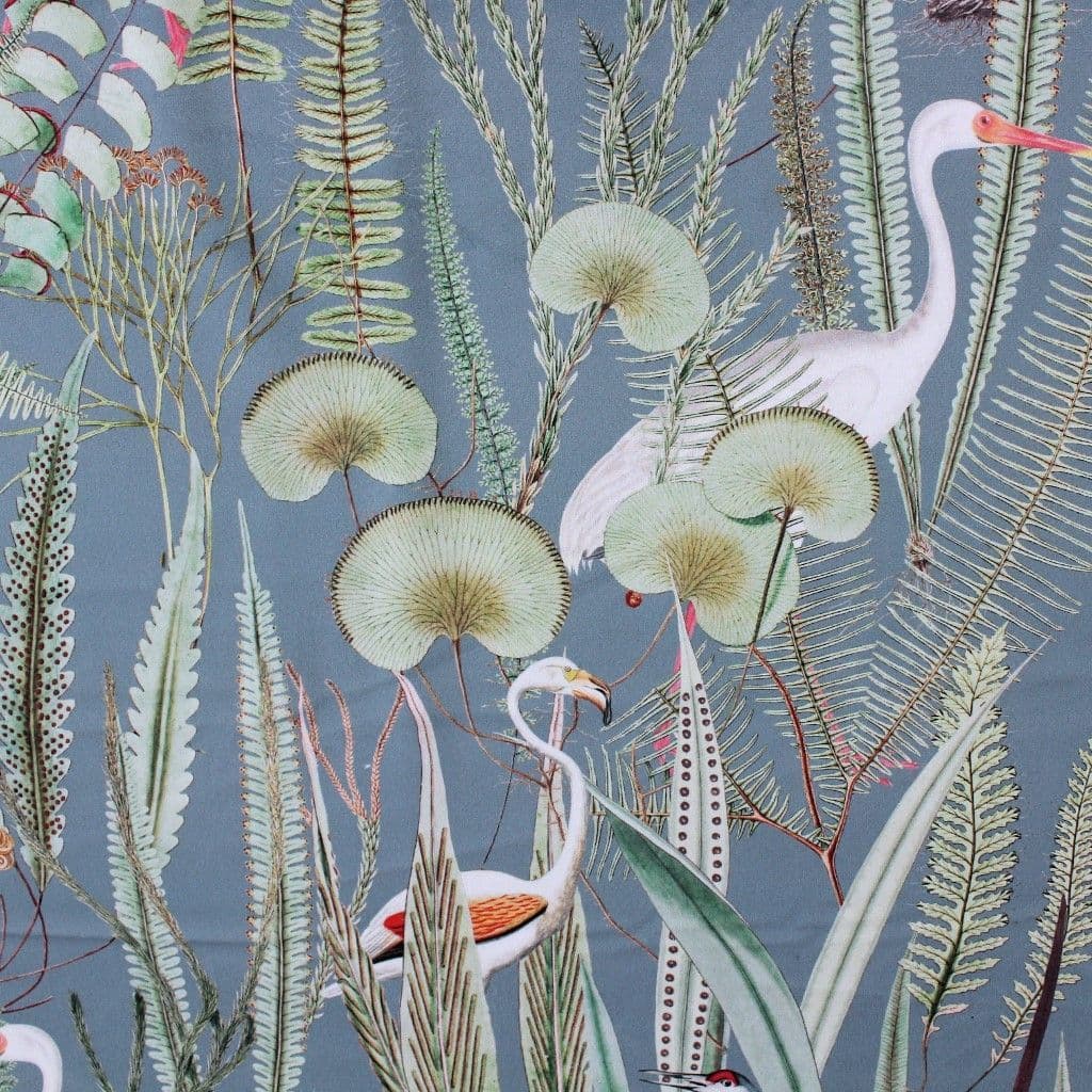 Velvet Fabric Crane Birds Wetland Dove Grey