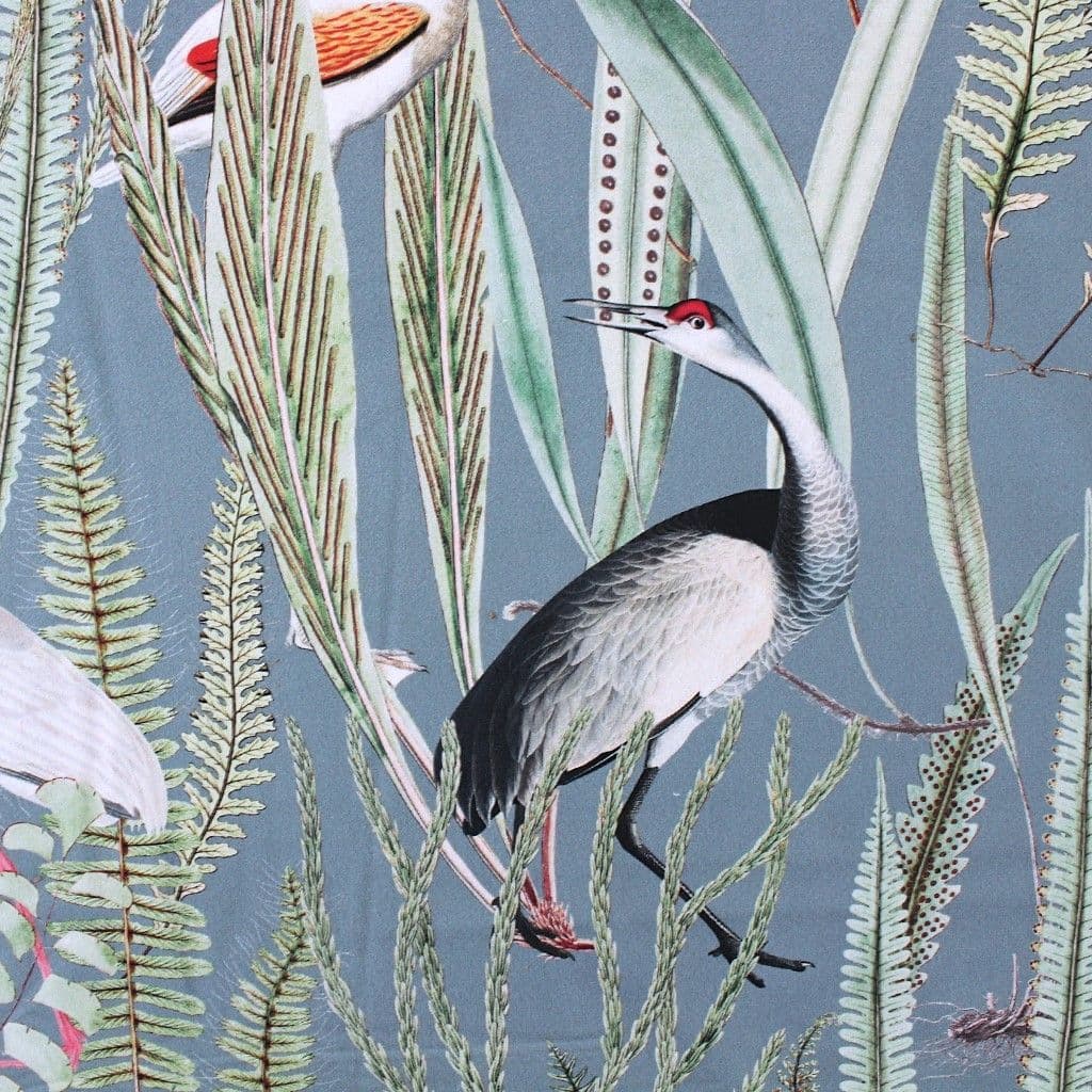 Velvet Fabric Crane Birds Wetland Dove Grey