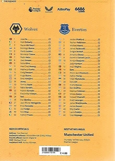 Wolverhampton Wanderers v Everton Official Premier League Matchday ...