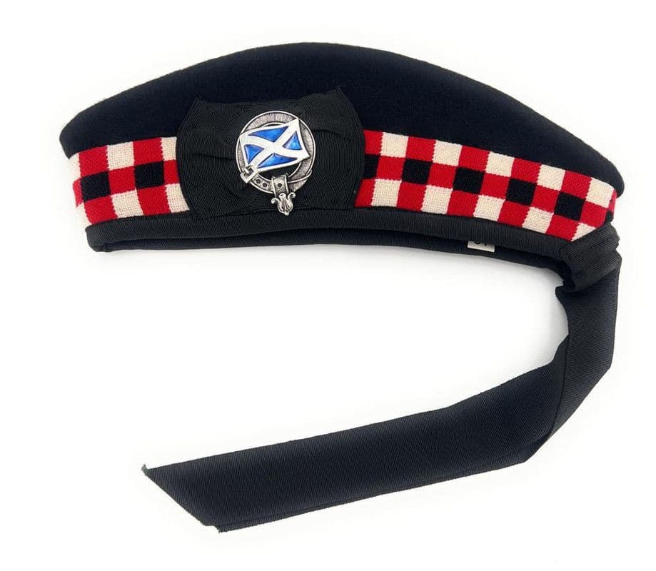 100 wool Scottish Glengarry hats and cap badge set Red Pom Pom Diced ...