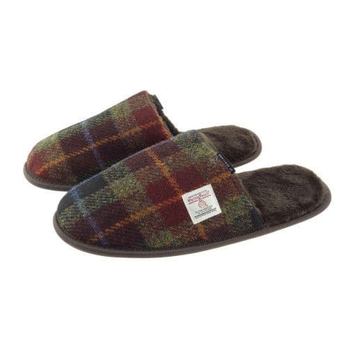 Gents Harris Tweed Rust Check Faux Fur Soft And Cosy Slippers