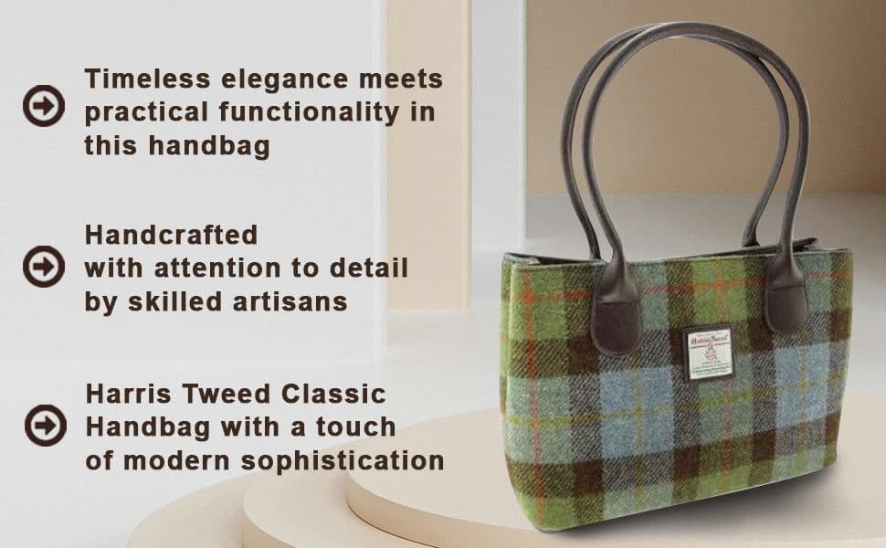 Harris Tweed Cassley Classic Handbag in Dark Green and Plum Check ...