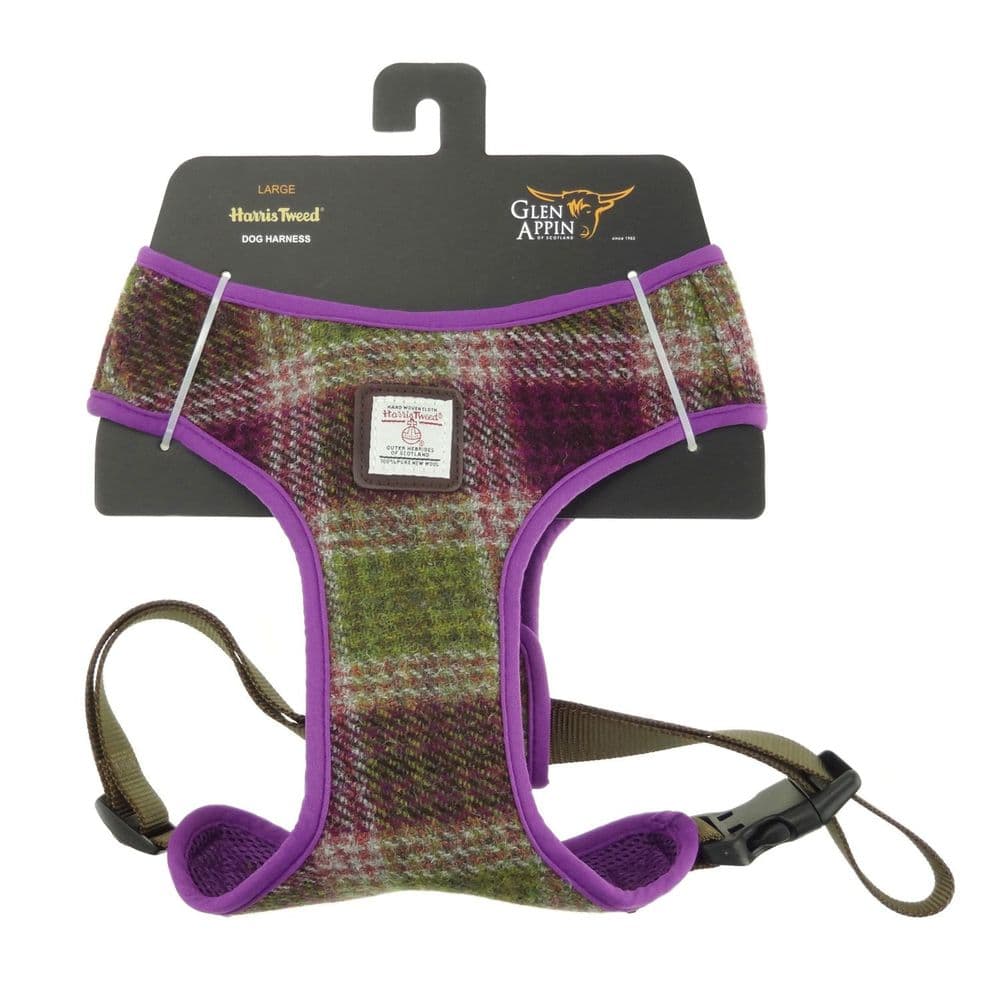 Harris Tweed Large Dog Harness in Heather Check Tartan - Adjustable ...