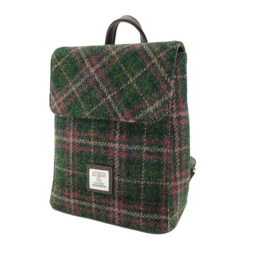 Harris Tweed Mini Backpack in Dark Green and Plum Check