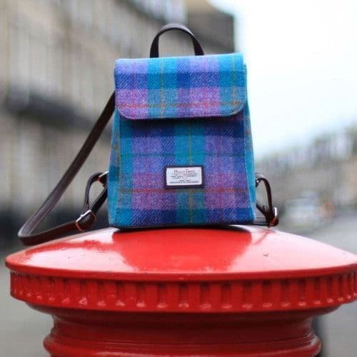 Harris Tweed Mini Backpack in Green & Purple Check
