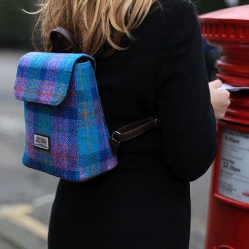 Harris Tweed Mini Backpack in Green & Purple Check