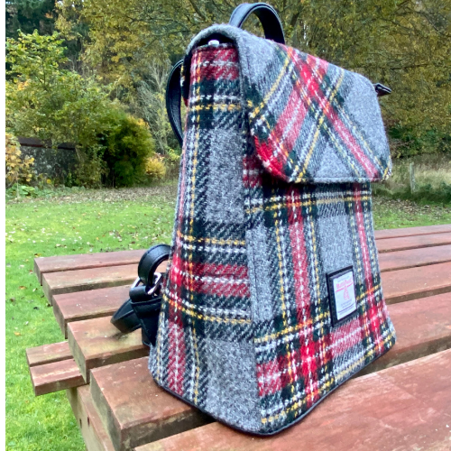 Harris Tweed Mini Backpack in Grey & Red Tartan