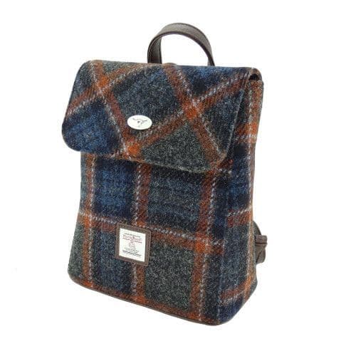 Harris Tweed Mini Backpack in Grey with Rust Overcheck