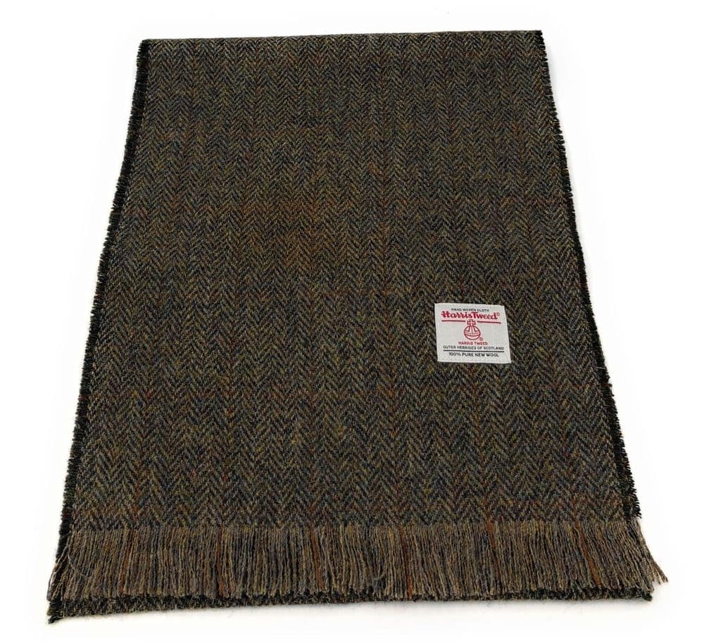 Harris Tweed Scarf Dark Brown Herringbone Made in Scotland - 150cm x 26cm
