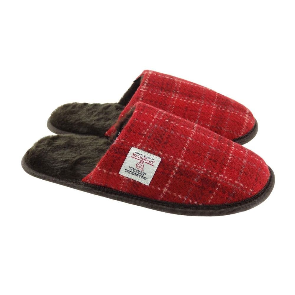 Ladies Harris Tweed Bright Red Faux Fur Soft And Cosy Slippers