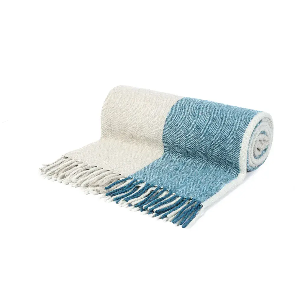 LUXURY NATURAL TEAL BLOCK CHECK HERRINGBONE BLANKET