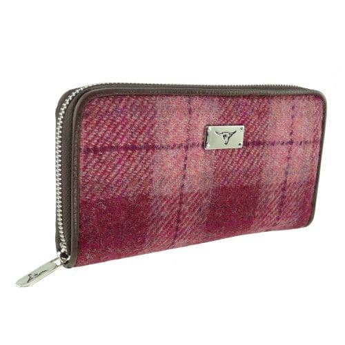 Women s Unique Harris Tweed Long Zip Purse in Salmon Pink Check LB2100 ...
