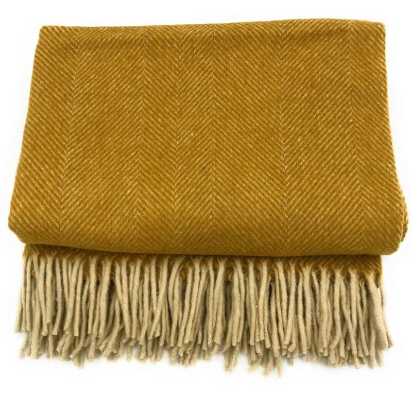Wool Blend Tartan Mustard Herringbone Blanket Throw Brand New