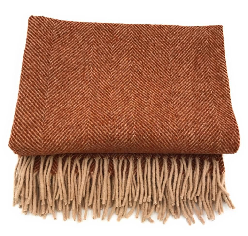 Wool Blend Tartan Rust Red Herringbone Blanket Throw Brand New