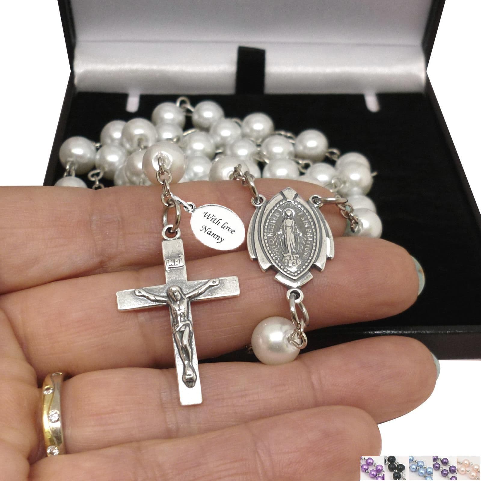 Engraved Pearl Rosary Beads with 925 Sterling Silver Mary Centre and ...