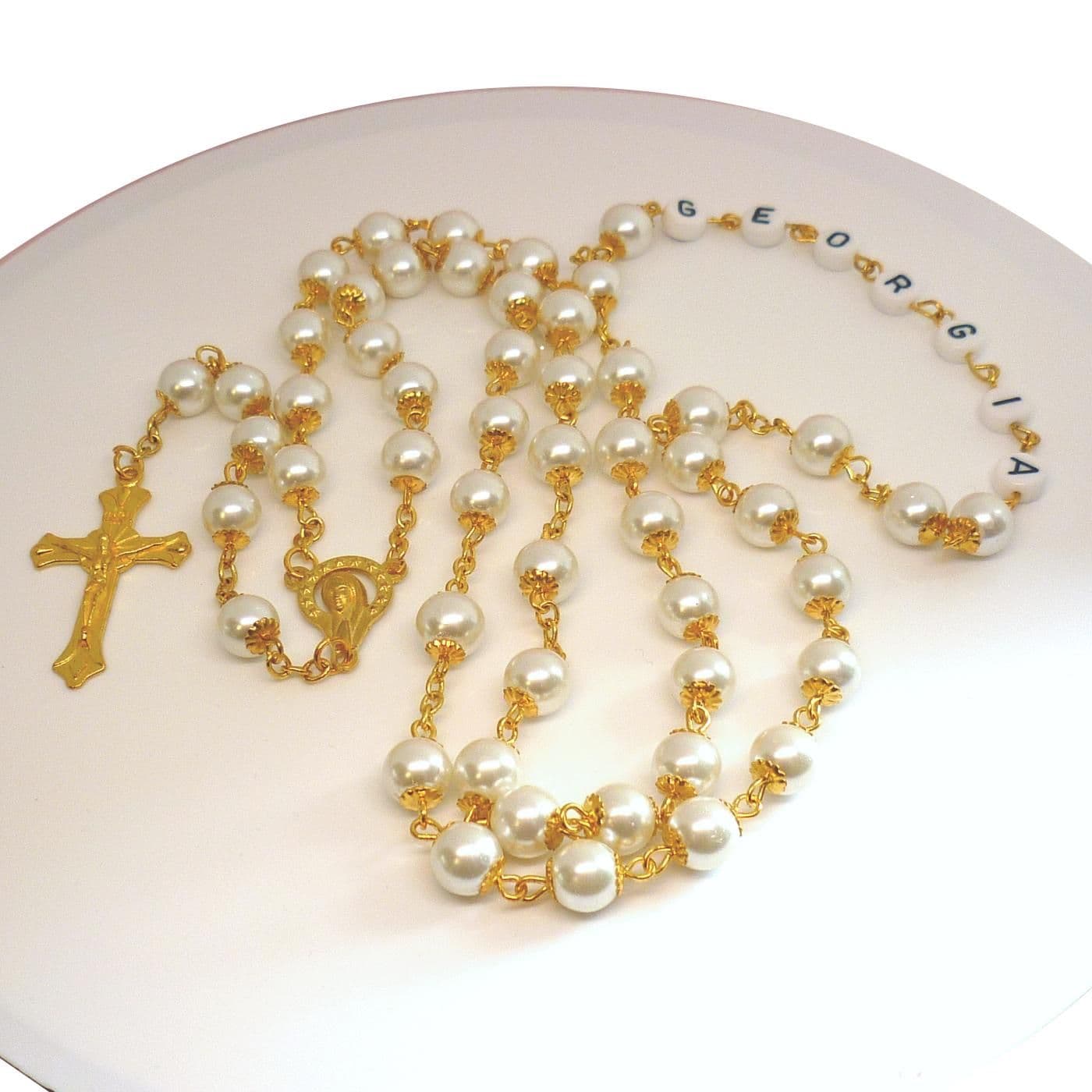High Quality, Gold Plated and White Pearl Rosary Beads with Any Name ...