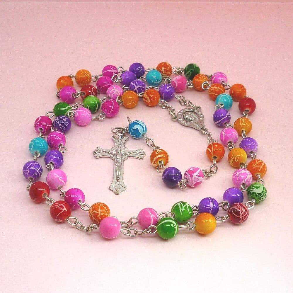 Multi Coloured Rosary Beads with Virgin Mary Centrepiece and Crucifix ...
