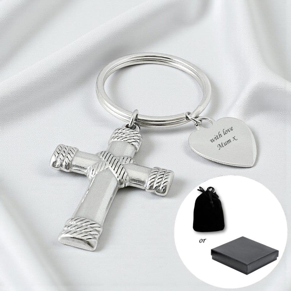 Personalised Key ring with Large Cross and Heart Charm | Heaven's Blessings