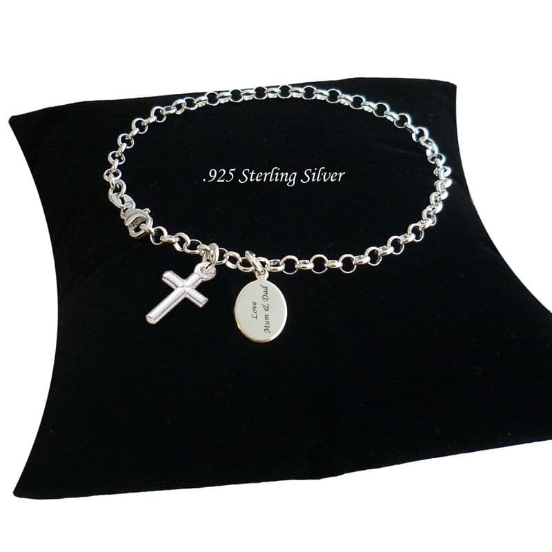Sterling Silver Engraved Bracelet with Cross Charm | Heavens Blessings