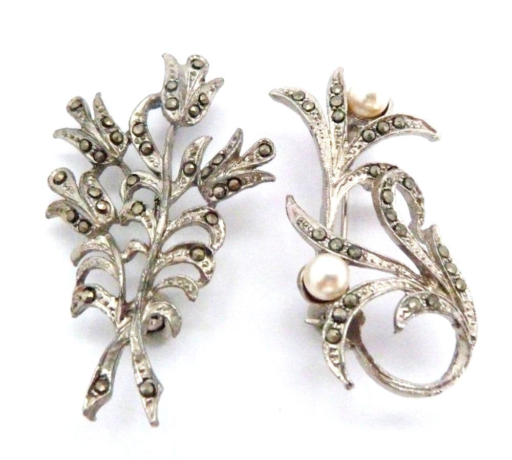 Two Vintage Marcasite Set Floral Design Brooches