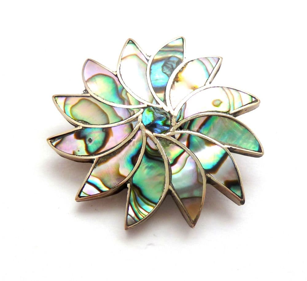 Vintage Abalone Shell And Alpaca Silver Mexican Flower Design Brooch