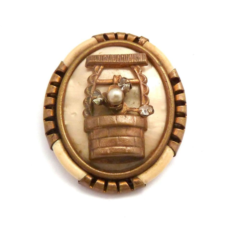 Vintage Celluloid And Brass Wishing Well Design Brooch