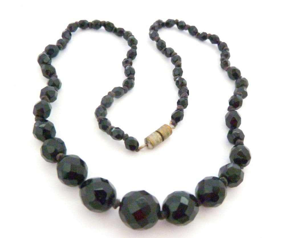 Vintage Hand Knotted Graduated French Jet Glass Bead Necklace