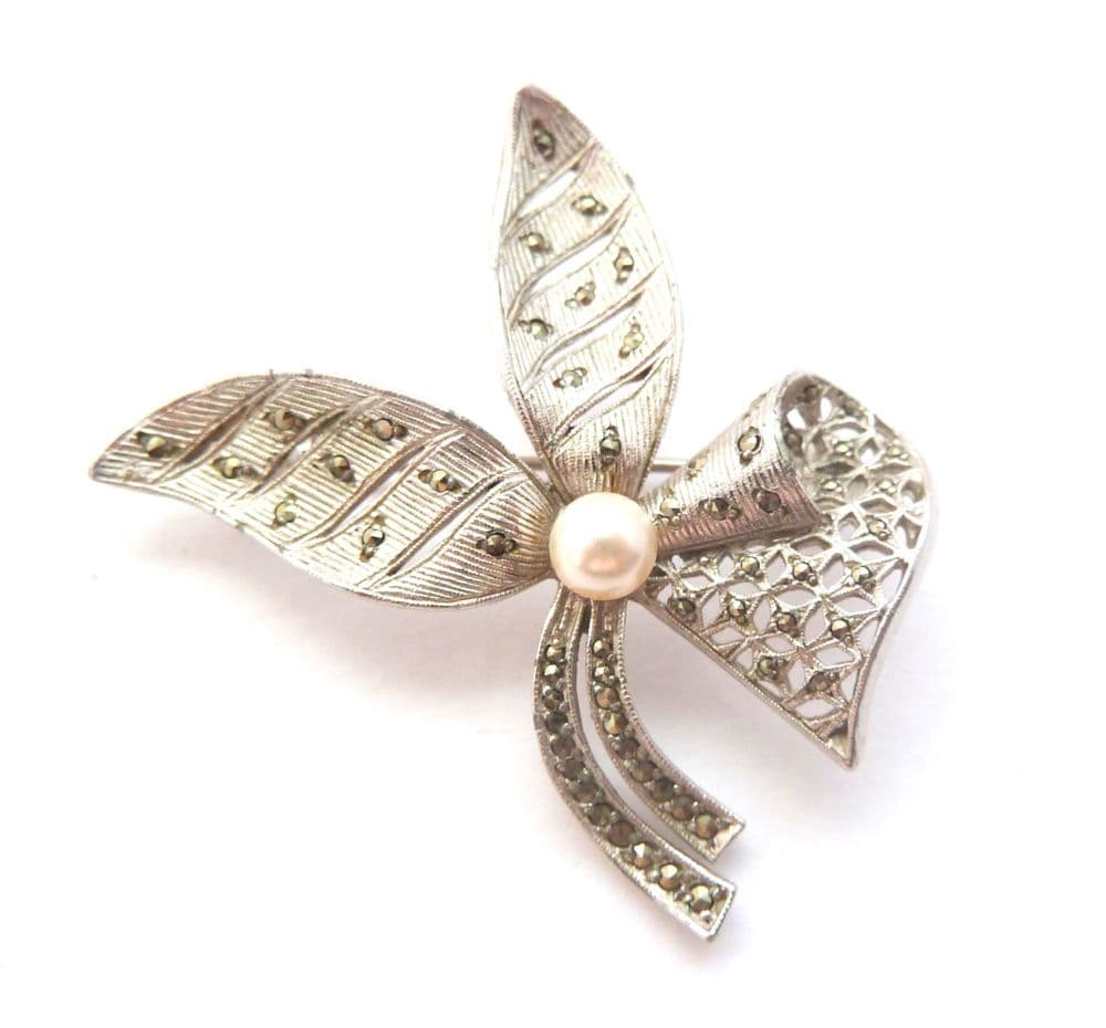 Vintage Large Faux Pearl And Marcasite Abstract Bow Design Brooch By Sphinx
