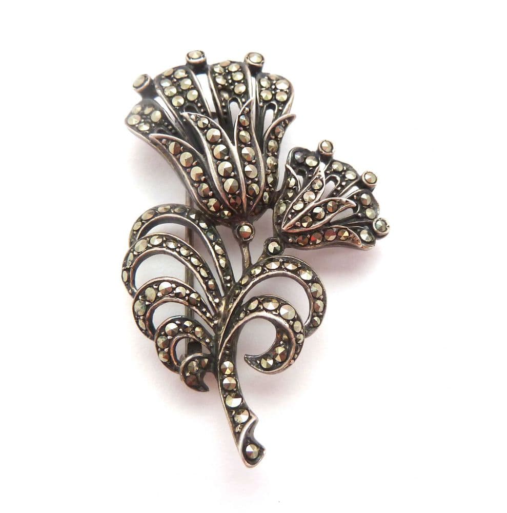 Vintage Platinin And Marcasite Set Ornate Floral Design Brooch