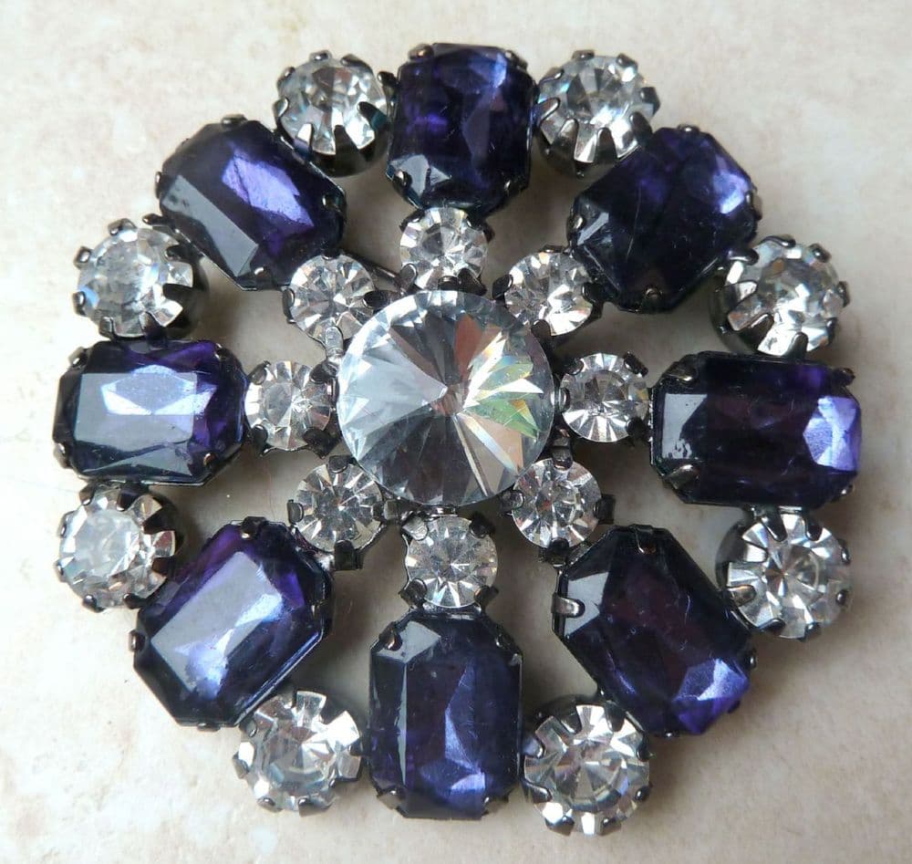 Vintage Style Large Blue And Clear Rhinestone Statement Brooch