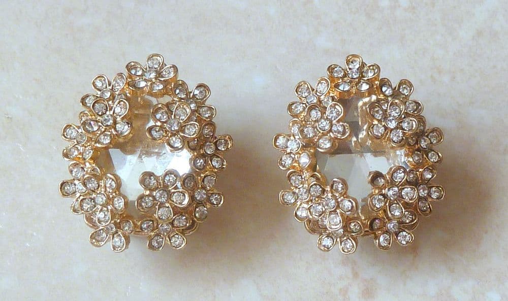 Vintage Style Large Rhinestone Flower Earrings