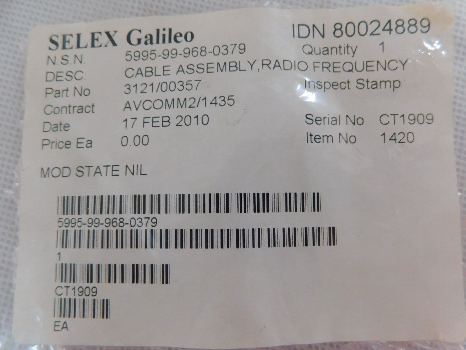 Aircraft Radio Frequency Cable 11 Pin 2 Connectors 3121/00357 D6B