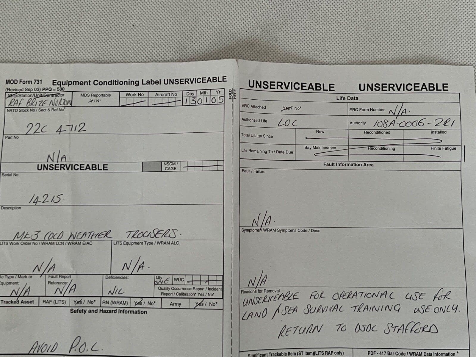 Aircrew Cold Weather Trousers MK3 Size 2 Ex RAF D5D