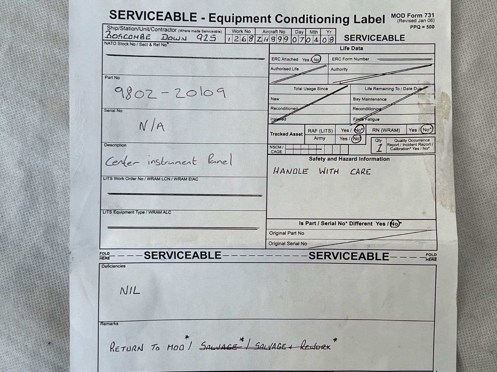 Chinook HC5 Helicopter Centre Instrument Panel Assy From ZH899 1R8E