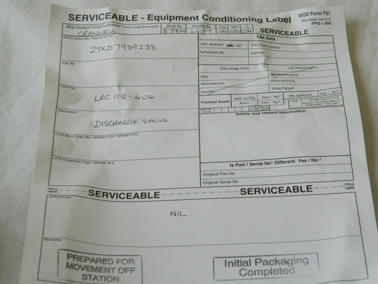 Discharge Cabin Safety Relief Valve As Used In Jetstream Aircraft 1R5B