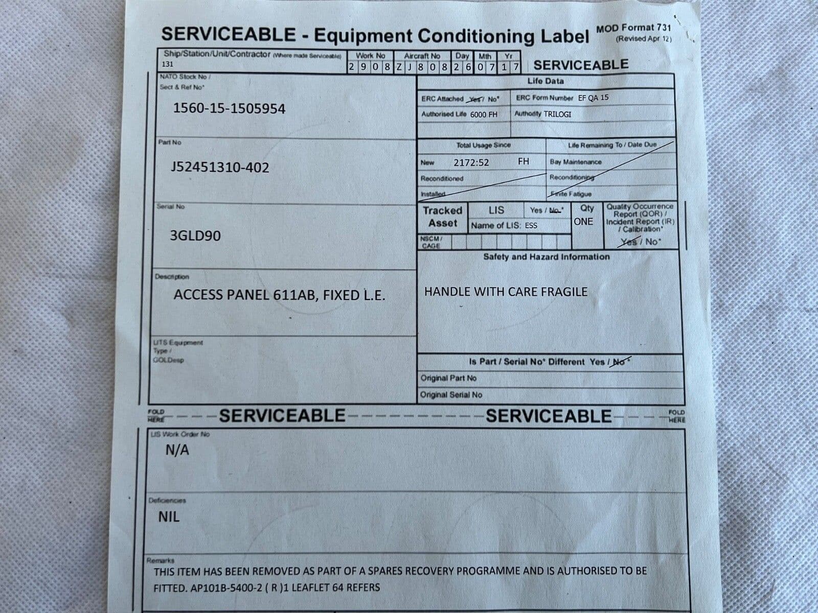 Eurofighter Typhoon Aircraft 611AB Fixed Cover Access Panel From ZJ808 PL20