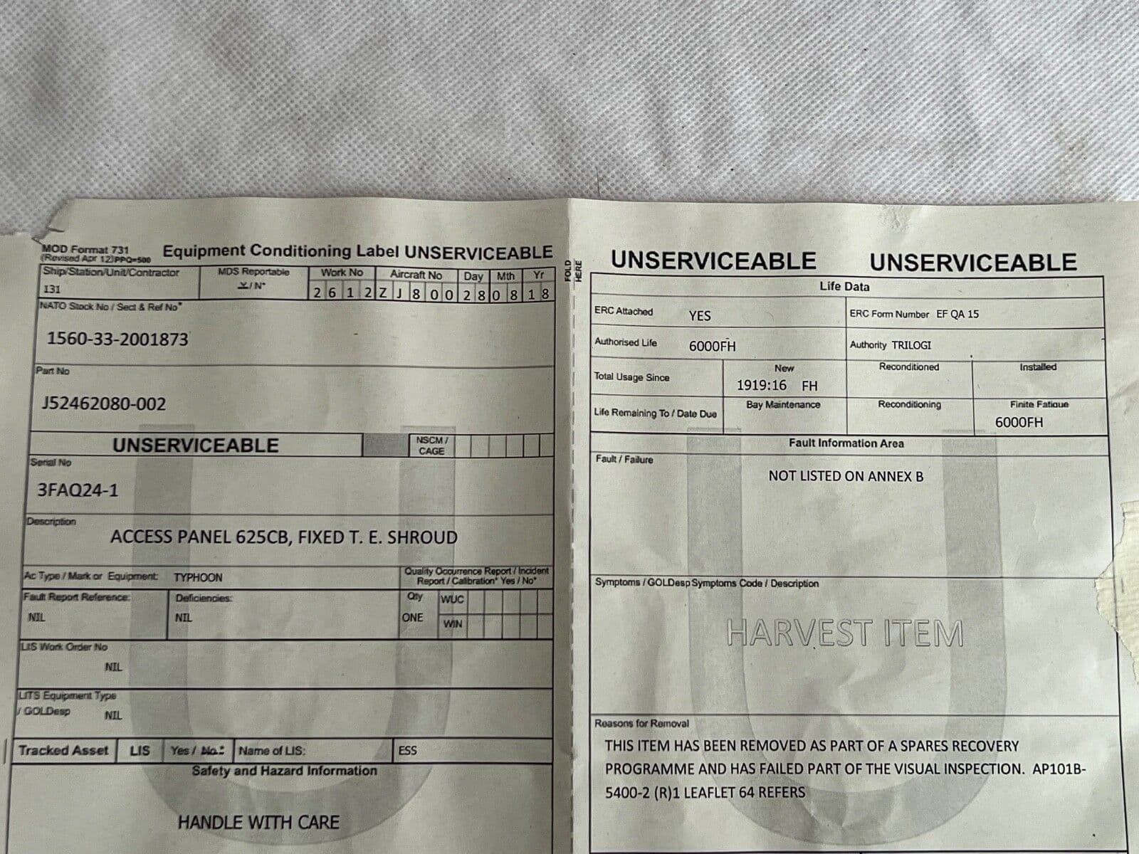 Eurofighter Typhoon Aircraft 625CB Fixed T E Shroud Access Panel From ...