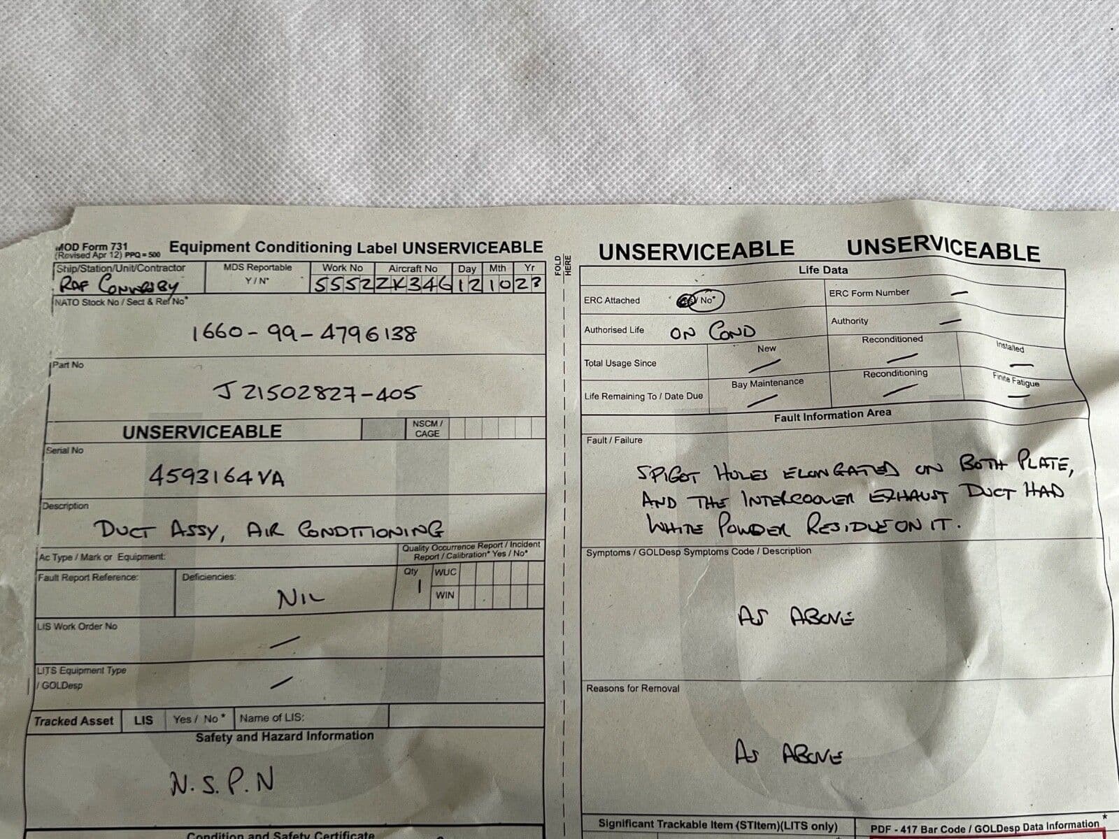 Eurofighter Typhoon Aircraft Air Conditioning Duct Assy From ZK346 PL22