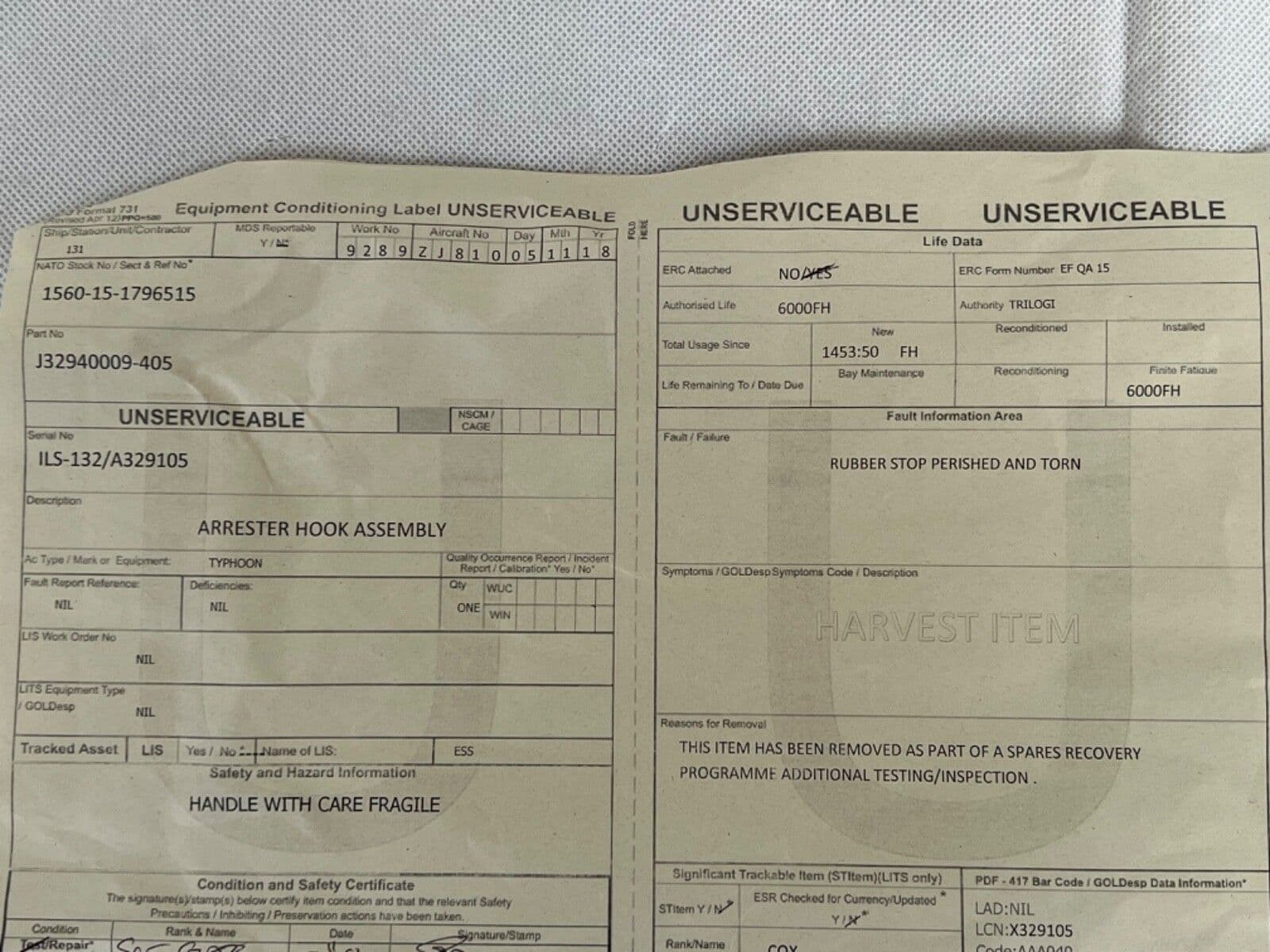 Eurofighter Typhoon Aircraft Arrester Hook Assy From ZJ810 PL22