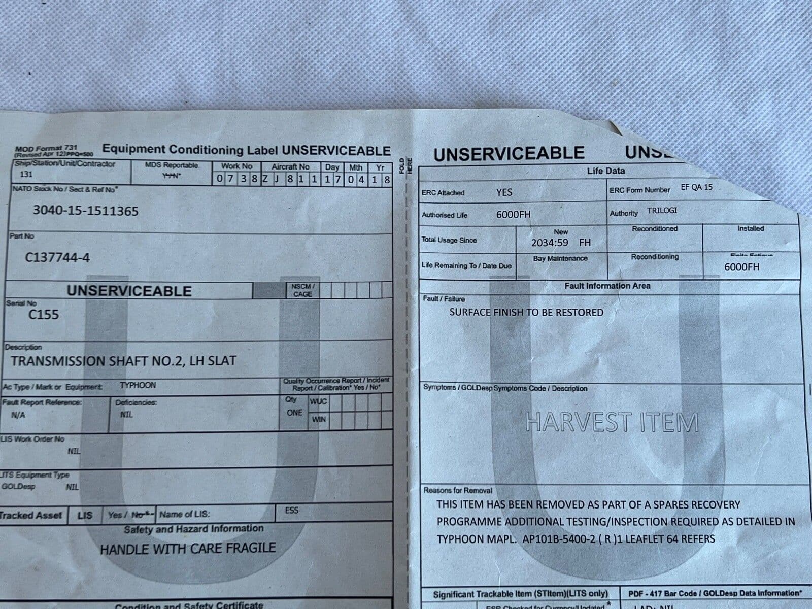 Eurofighter Typhoon Aircraft L/H Slat Transmission Shaft No 2 From ...