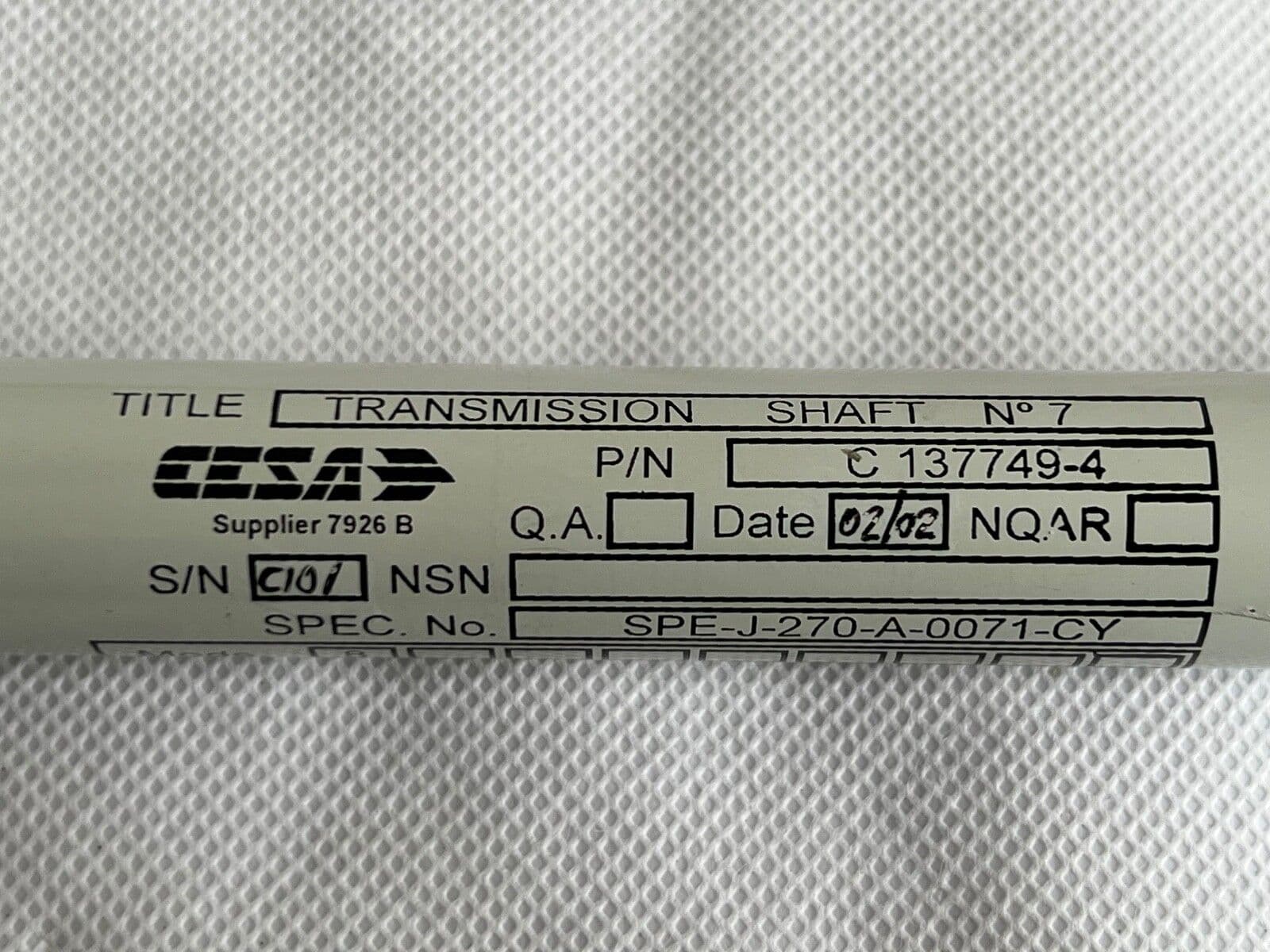 Eurofighter Typhoon Aircraft R/H Slat Transmission Shaft No 7 From ...