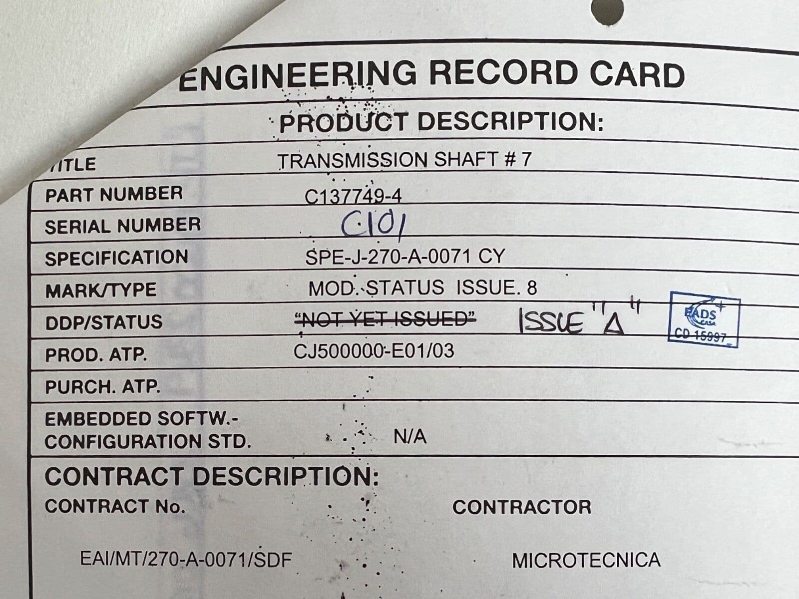 Eurofighter Typhoon Aircraft R/H Slat Transmission Shaft No 7 From ...